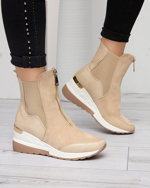 Adidași de damă înalți de culoare bej cu imprimare Looyis ...